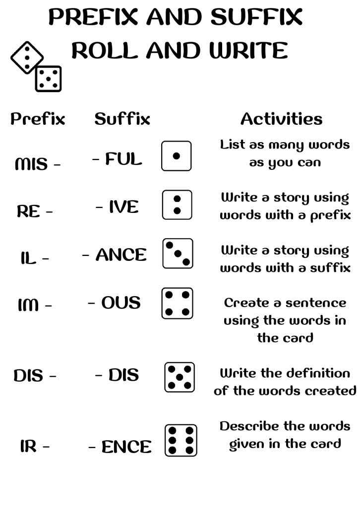 PREFIX/SUFFIX - ROLL AND WRITE - Teachy Games